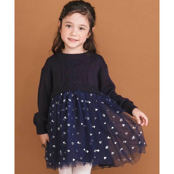 『タイムセール実施中』ZOZO問い合わせ番号:100002495ショップ:BEBE ONLINE STORE，ベベ オンラインストアブランド:SLAP SLIP，スラップスリップ商品名:ニット×チュールハートたっぷり切替ワンピース(80~1...