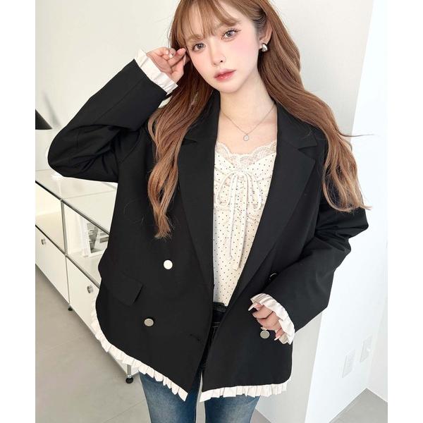 ZOZO問い合わせ番号:100345441ショップ:moment+，モーメントプラスブランド:moment+，モーメントプラス商品名:マットゴールド釦配色フリルピンストライプWテーラージャケットカテゴリ:ジャケット/アウター>テーラー...