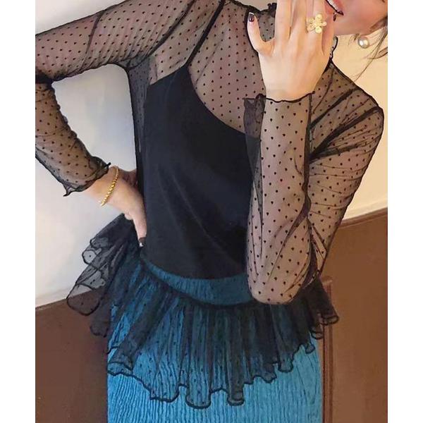 『タイムセール実施中』ZOZO問い合わせ番号:100346947ショップ:RIVER FIELD &amp; Co.，リバーフィールド　アンド　コーブランド:LOWO，ロワ商品名:シースルートップス 長袖 ハイネック カットソー 黒 ドット...