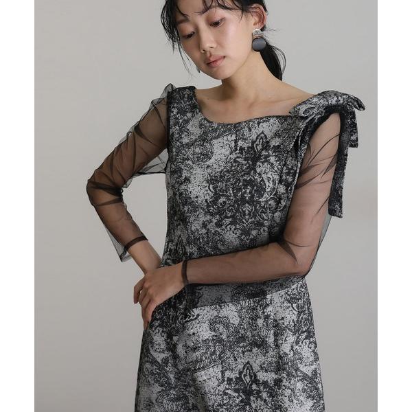 ZOZO問い合わせ番号:100488762ショップ:PourVous，プールヴーブランド:atlo，アトロ，LE'RURE，リルアー商品名:袖あり＆ミモレ丈同窓会成人式ショルダーリボン ジャガード Vカット チュールお呼ばれ結婚式二次会フォ...