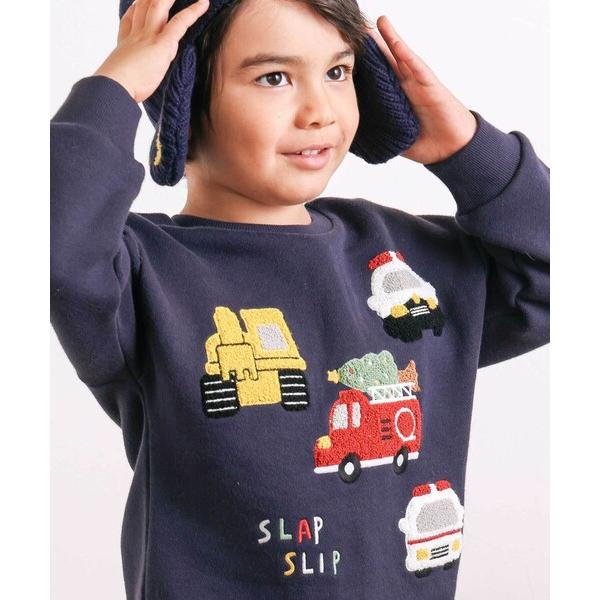 『セール実施中』ZOZO問い合わせ番号:100650493ショップ:BEBE ONLINE STORE，ベベ オンラインストアブランド:SLAP SLIP，スラップスリップ商品名:【裏起毛】はたらくくるまイヌ恐竜サガラ刺しゅうトレーナー(8...