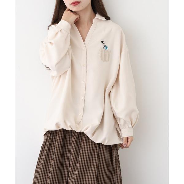 ZOZO問い合わせ番号:100688373ショップ:FUNALIVE，ファンアライブブランド:Quelle Chance，ケルシャンス，FUNALIVE，ファンアライブ商品名:靴下猫刺繍タックシャツカテゴリ:トップス>シャツ/ブラウス...