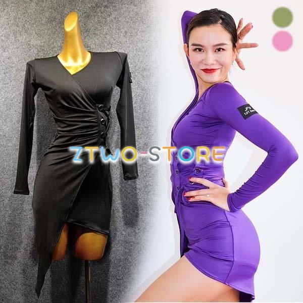 爆買[ セット内容 ]ワンピース「記載のないアクセサリー、小物等は付属しません」[ カラー ]ピンク/パープル/グリーン/ブラック[ 素材 ]ポリエステル[ サイズ ](cm)S/M/L/XL社交ダンス ラテンドレス 長袖 ラテンダンス ダ...