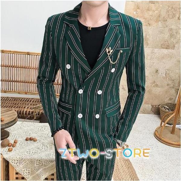 メンズ春新作 スーツ ストライプ ビジネススーツ 上下セット 二点