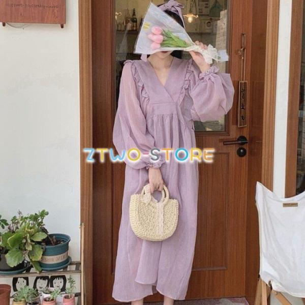 ワンピース レディース 長袖 Vネック ロング丈 ハイウエスト Aライン