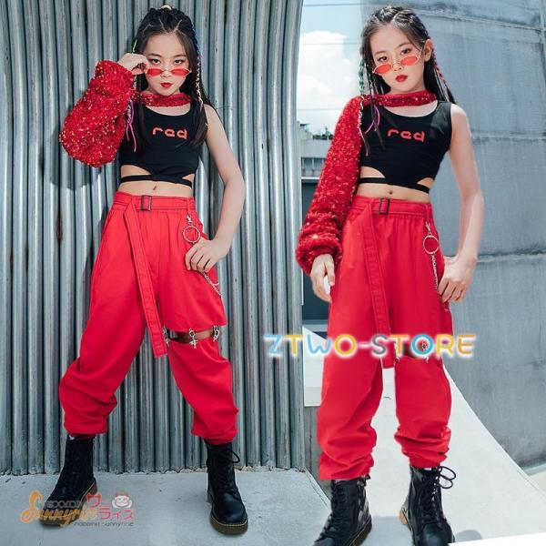 爆買キッズダンス衣装ヒップホップ HIPHOP ワンショルダー 黒ベスト レッドパンツ へそ出し  女の子  K-POP ステージ衣装 練習着 演出服 応援団 舞台衣装素 材:ポリエステル/その他セット内容：上着セットのみ・パンツのみ3点セ...