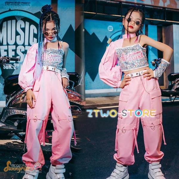 爆買子供服 ダンス衣装 キッズ ガールズ スパンコール キラキラ トップス  パンツ へそ出し 演出服 HIPHOP 演奏会 応援団 ヒップホップステージ衣装 練習着素材：ポリエステル/その他2点セット（トップス+パンツ）【カラー】画像通り...