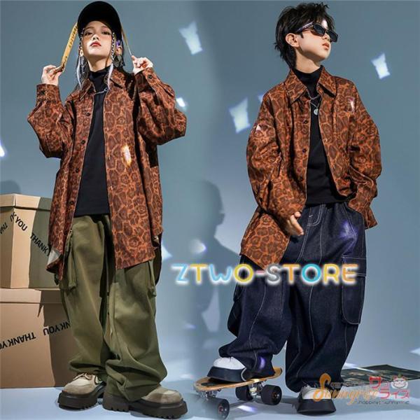爆買ダンス衣装 ヒップホップ 黒トップス ヒョウ柄 シャツ デニムパンツ 男の子 キッズ 女の子 派手 K-POP 韓国 ステージ衣装 体操服  hiphop 演出服素材：ポリエステルトップスのみシャツのみ緑パンツのみデニムパンツのみセット...