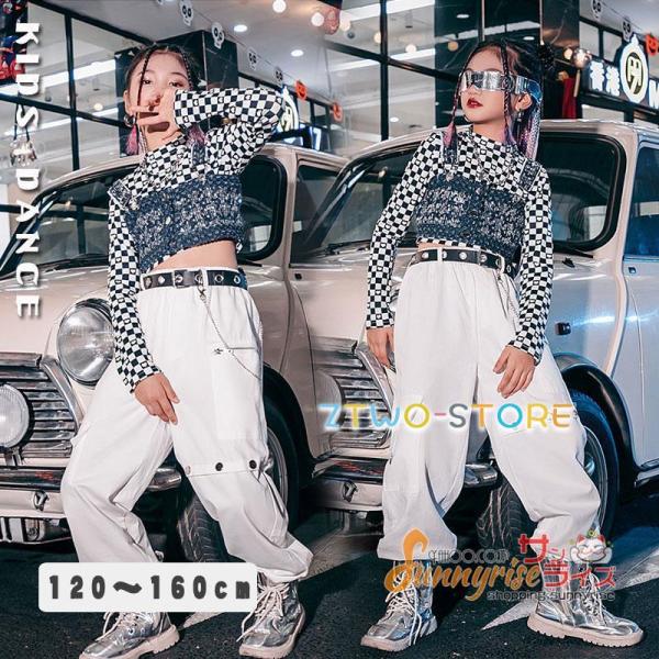 爆買キッズダンス衣装 へそ出し チアガール セットアップ チェック柄 Tシャツ カーゴパンツ 子供 演出服 K-POP 韓国 黒白 練習着 応援団 体操服 イベント 舞台衣装 HIPHOP 120-160cmセットの場合：トップス＋パンツ（...