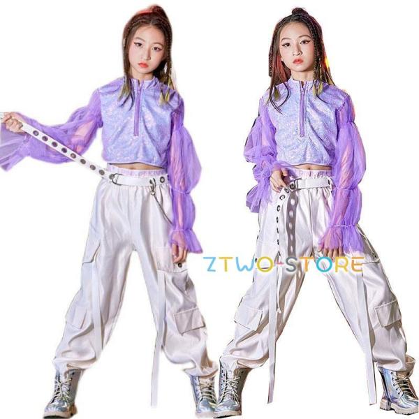 爆買キッズ ダンス衣装 セットアップ へそ出し キラキラ パープル  長袖トップス カーゴパンツ  女の子 舞台服 演出服 K-POP ステージ衣装 練習着 体操服 応援団素材：ポリエステル/その他単品：トップスのみパンツのみセット：3点セ...