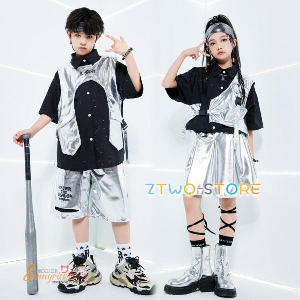 爆買k-pop衣装 キッズヒップホップ ダンス衣装 男の子 女の子 キラキラ 黒シャツ シルバー ベスト パンツ  ジャズダンス ステージ衣装 練習着 体操服 素材：ポリエステル黒シャツのみ女の子2点セット（ベスト+スカート）女の子3点セッ...