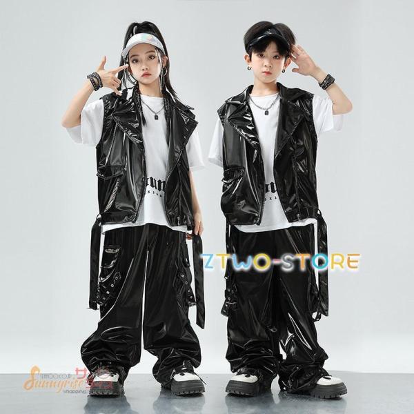 爆買キッズダンス衣装 k-pop衣装 HIPHOP ヒップホップ 子供服 男の子 女の子 白Ｔシャツ 黒レザー ベスト カーゴパンツ  ステージ衣装 練習着  舞台衣装 素材：合成革/ポリエステルベストのみパンツのみ2点セット（ベスト+パン...