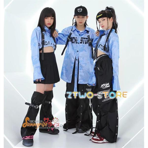 爆買キッズダンス衣装 派手 男の子 女の子 へそ出し セットアップ ヒップホップ jazz ブルーシャツ ショート丈 キュロットスカート カーゴパンツ 黒ベスト キャップ 韓国 個性的 子供服 ジュニア ドラムダンス 応援団 団体服 発表会...