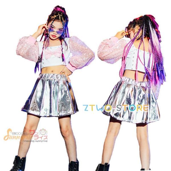 爆買キッズ ダンス衣装 ヒップホップ チアガール セットアップ 切り替え スパンコール PUスカート 女の子  ピンク HIPHOP ステージ衣装 練習着 演出服 舞台衣装 子供服 女の子 舞台服 K-POP 素材：ポリエステル/その他商品...