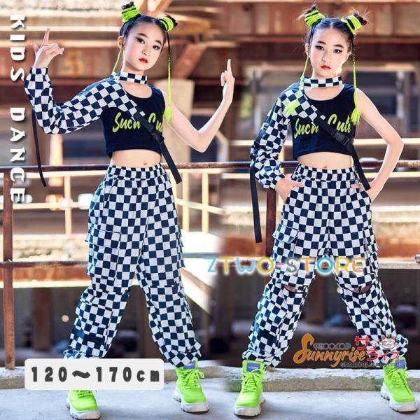 爆買キッズダンス衣装 へそ出し チェック柄 ワンショルダー 片腕 カーゴパンツ 女の子 セットアップ ヒップホップ ジャズ 子供 派手 K-POP 韓国 黒白 ステージ衣装 団体服 イベントHIPHOP 120-170cmセットの内容：黒タ...