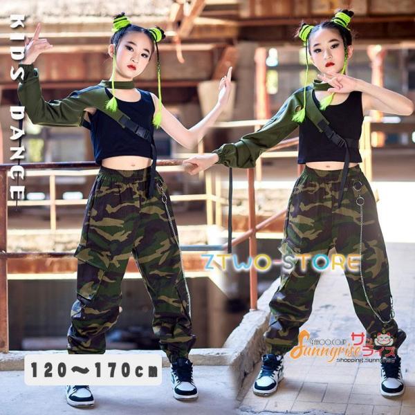 爆買へそ出し キッズダンス衣装 迷彩柄 ワンショルダー 片腕 カーゴパンツ 女の子 セットアップ ヒップホップ ジャズ 子供 派手 K-POP 韓国 オリーブ ステージ衣装 団体服 イベントHIPHOP 120-170cmセットの内容：黒タ...