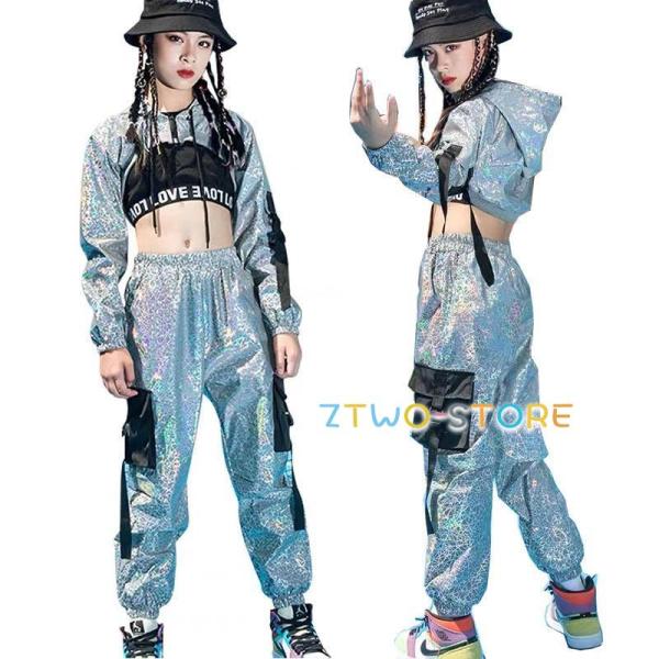 爆買キッズ ダンス衣装 ヒップホップ セットアップ HIPHOP タンクトップ 長袖 シルバートップス パンツ  へそ出し 女の子  ステージ衣装 発表会 練習着素材：ポリエステル/その他セット内容：黒タンクトップのみ・シルバートップスのみ...