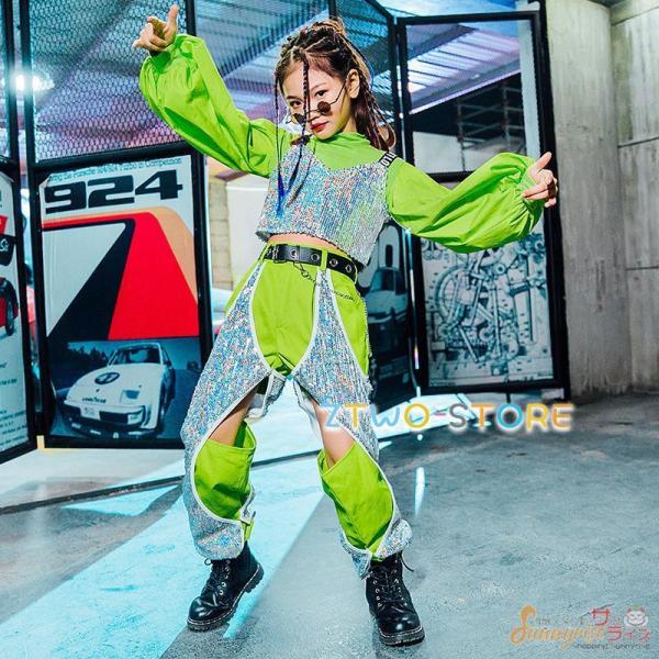 爆買ダンス衣装 上下セット 長袖 蛍光色 キラキラ トップス ズボン女の子  キッズ  ヒップホップ 子供 ロングパンツ 体操服 練習着 ガールズ素材：ポリエステルセット内容：3点セット（キャミソール×トップス×ズボン）【カラー】画像通り【...