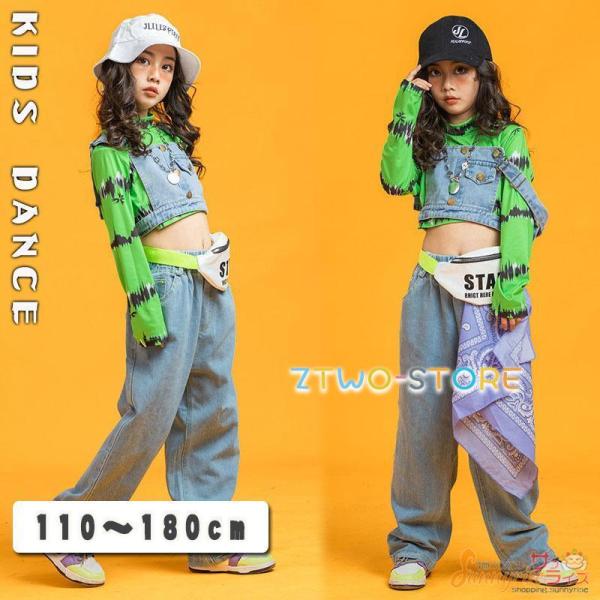 爆買キッズダンス 衣装 ヒップホップ 子供服 セットアップ へそ出しトップスデニム ベスト パンツ  ガールズ  ステージ衣装 団体服 練習着 舞台衣装素材：ポリエステルセット内容：緑タンクトップのみ・デニムベストのみ・デニムパンツのみ3点...