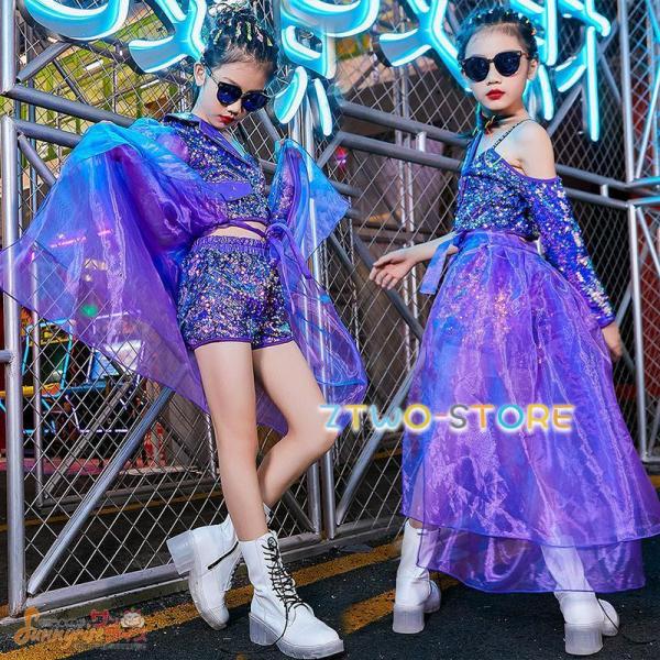 爆買キッズダンス衣装 夏 ヒップホップ パープル キラキラ レース トップス ショートパンツ ガールズ 女の子 ダンスウェア  HIPPOP 練習着 原宿 発表会素材：ポリエステルセット内容：2点セット（トップス+パンツ）【カラー】画像通り...