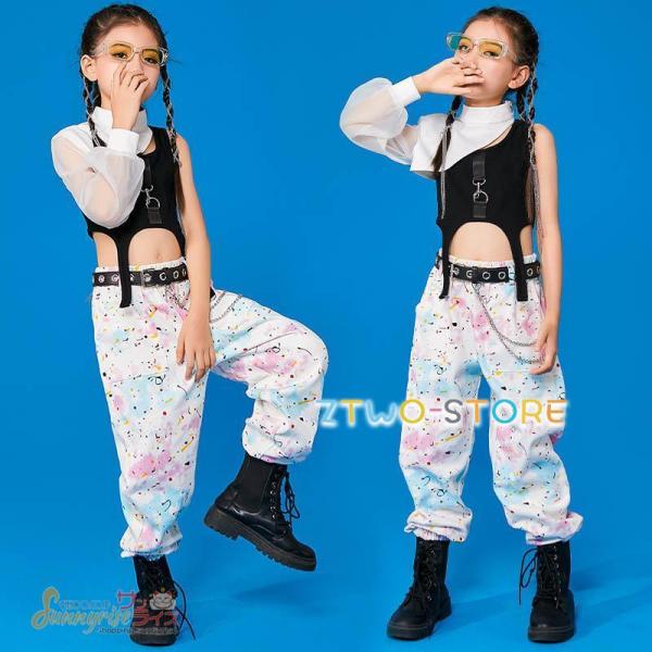爆買キッズダンス衣装 セットアップ 黒タンクトップ スリーブ ロングパンツ 女の子  HIPHOP ヒップホップ 舞台服 ステージ衣装 練習着 演出服 応援団素 材:ポリエステル/その他セット内容：上着2点セット（黒タンクトップ+白スリーブ...