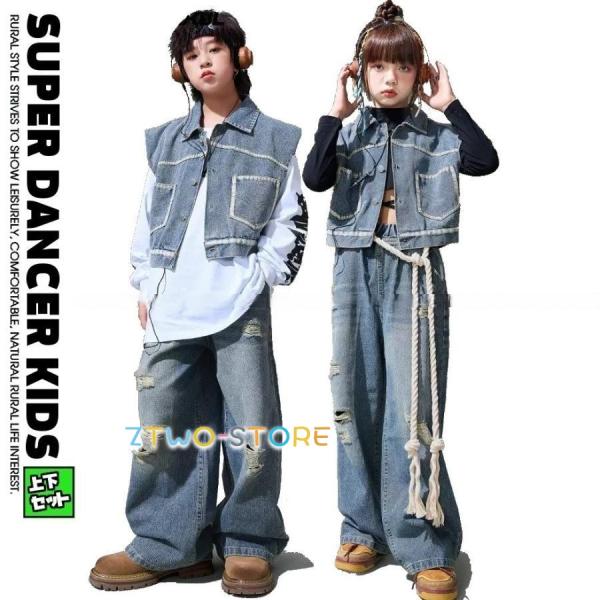 爆買・個性的で派手かわいい【デニムベスト＋パンツ】の上下2点セット!!・原宿系、ストリート系、K-POP系のカッコいいヒップホップダンスファッション!!・ダンスチームの衣装としてや普段着にもおしゃれ★＜素材＞【 綿75% ポリエステル25%...