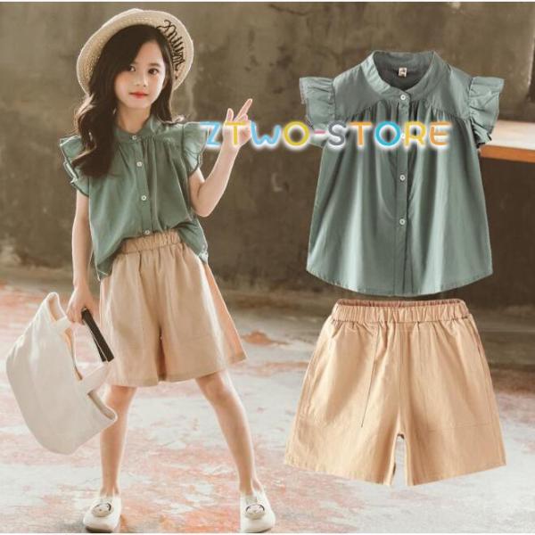 爆買女の子 セットアップ  キッズ半袖 シャツ  ショットパンツ 2点セット ジュニア 可愛い 子ども 夏 お出かけ 普段着 遠足 通学 スウィート■素材：綿混■セット内容：シャツ+ショットパンツ■サイズ：（単位：cm）【110】バスト33...