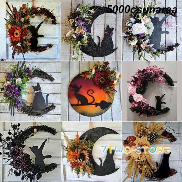 飾り ドアリース オーナメント 壁掛け飾り 猫 花 月型 玄関 部屋 北欧 装飾 リース 玄関リース  店舗装飾 北欧 リース 玄関 飾り ハロウィーン 装飾 飾り付け インテリア 雑貨 ドア飾り 玄関飾プレゼント可愛い ナチュラルリース ...
