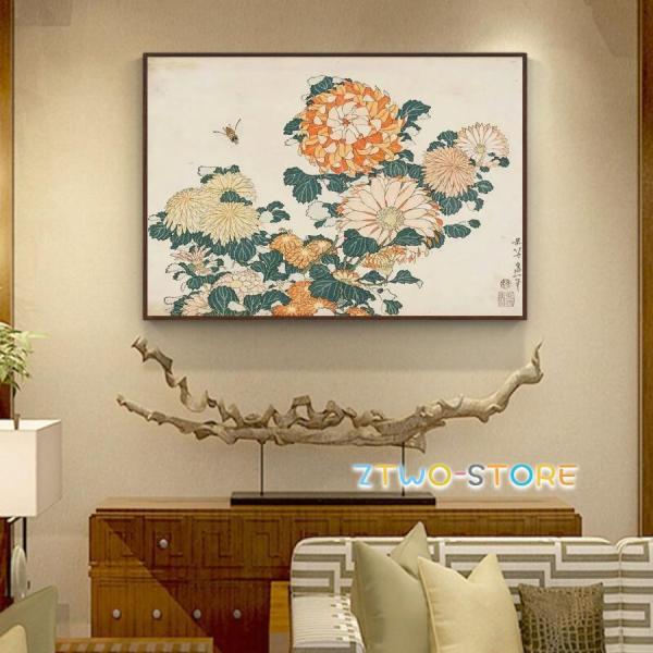 葛飾北斎「菊と蜂」耐水性・耐光性にすぐれたファブリックパネル飾るだけで空間をオシャレに演出します。サイズ：70ｃｍ*50ｃｍ