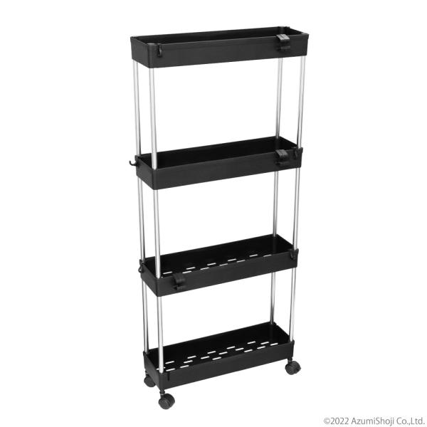 【キッチンワゴン】スリムボディーでキャスター付きなので、部屋の隙間に自在に配置できます。また、4段あるので収納力も抜群！【頑丈＆耐久性】軽量かつ丈夫な素材でできたワゴンで、底面には穴があいているので通気性がよく、お掃除が簡単で、湿気が多い場...