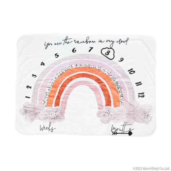 【ベビーフォトシーツ】やわらかいフランネル生地のシーツです！ブランケットとしてもお使いいただけます！【かわいい】ピンク系の虹がプリントされたおしゃれなデザインです！アルバム用の記念写真にピッタリです【撮影】数字を囲う雲型のフレームと、週か月...