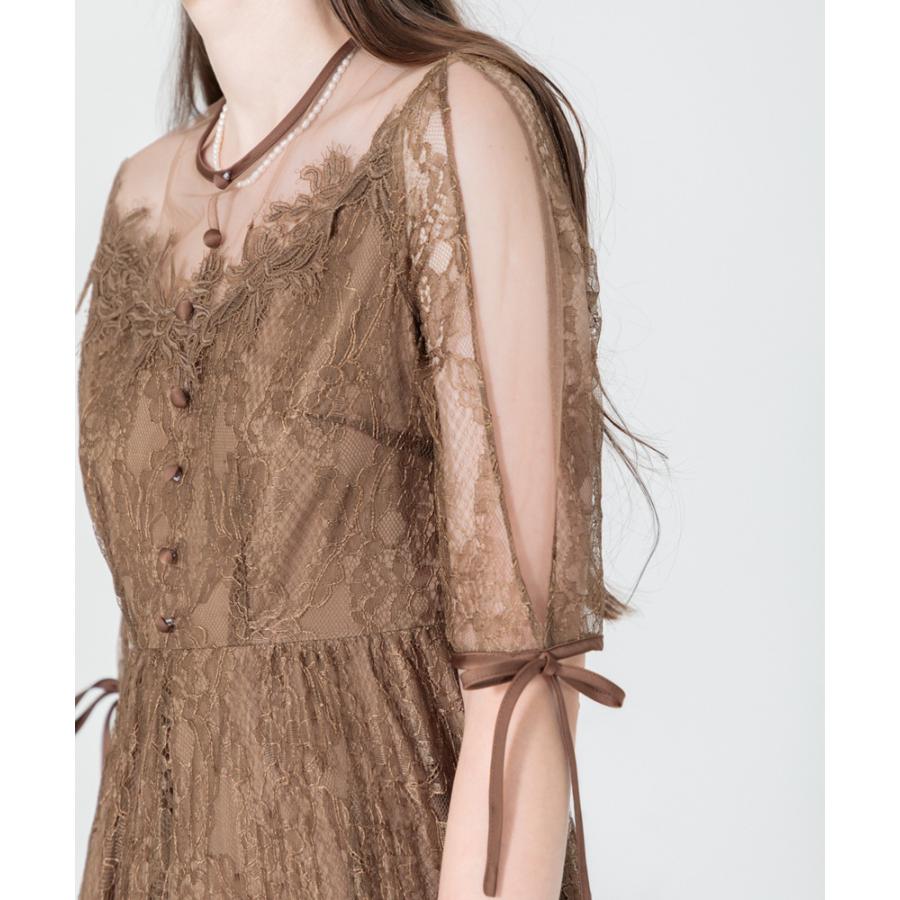 LEJA】異素材レースデコルテシアー袖リボンフロントボタンドレス