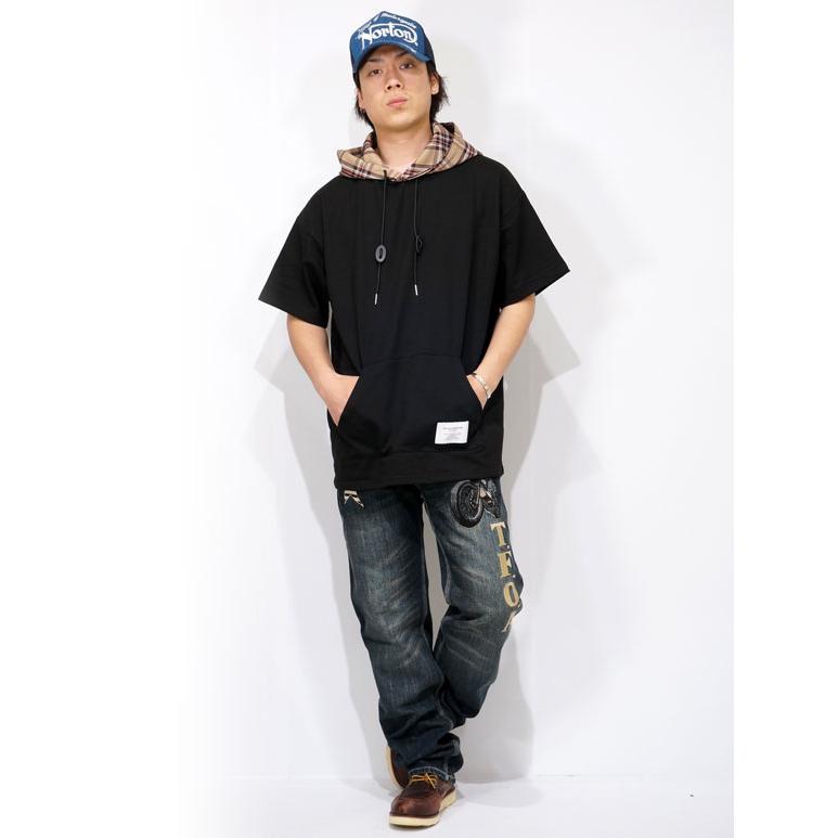 GALLIS ADDICTION アウトレットセール!!ガリスアディクション チェック切り替え ルーズサイズ 半袖パーカー メンズ レディース ...