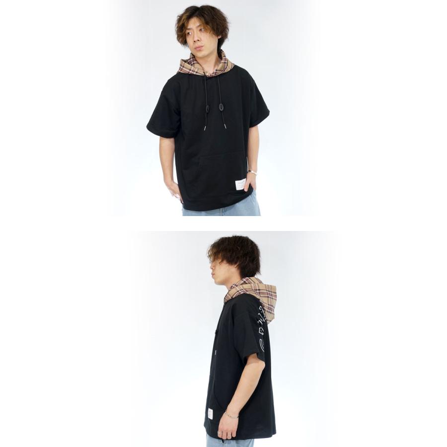 GALLIS ADDICTION アウトレットセール!!ガリスアディクション チェック切り替え ルーズサイズ 半袖パーカー メンズ レディース ...