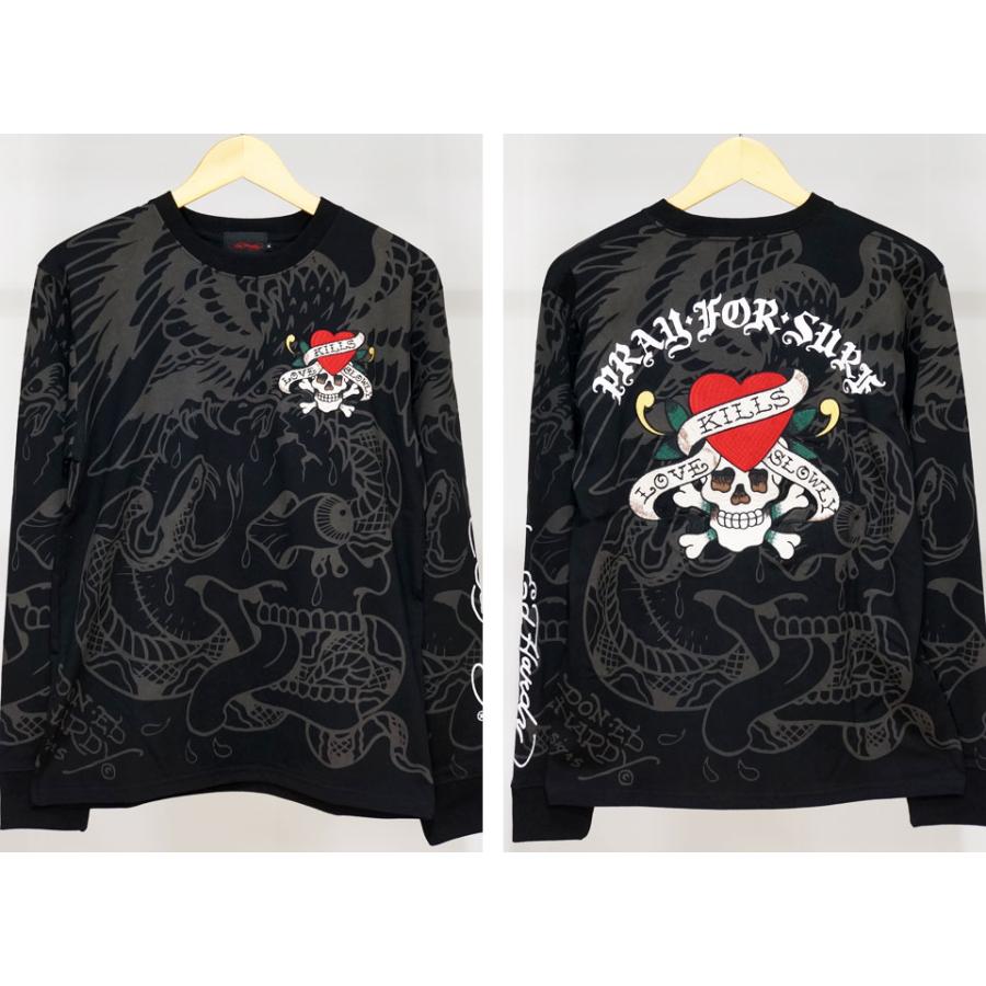 Ed Hardy エド・ハーディー ハートスカル刺繍 総柄 長袖Tシャツ Ed Hardy エド・ハーディー ハートスカル刺繍 総柄 長袖Tシャツ