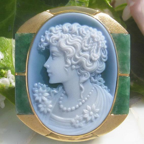 Gerhard Schmidt作 ストーンカメオ 最高級グリーンメノウ K18 翡翠(ジェダイト) ペンダント ブローチ 【花飾りのエレガント ...