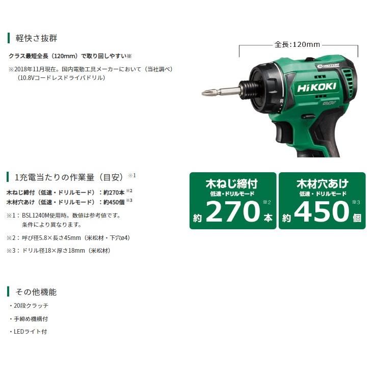 HiKOKI 10.8V コードレスドライバドリル DB12DD(2LS) バッテリー(BSL1240M)x2個+急速充電器(UC12SL)+ケース付 クラッチ20段 10.8V対応 ハイコー ...