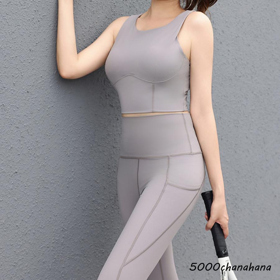 ヨガ ウェア レディース ノースリーブ トップス タンクトップ パンツ 2点セット レギンス セットアップ クロップド丈 薄手 無地 黒 ...