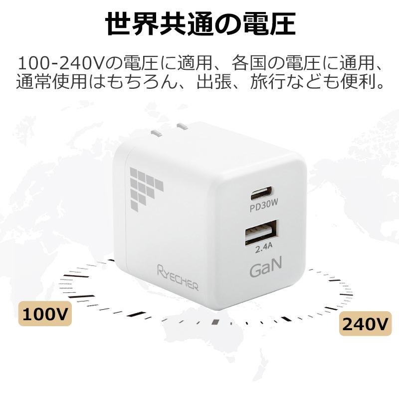RYECHER 充電アダプター30W 2ポート 急速充電器 Gan 30W ACアダプター 充電器 PD30 type c usb 急速充電 ...