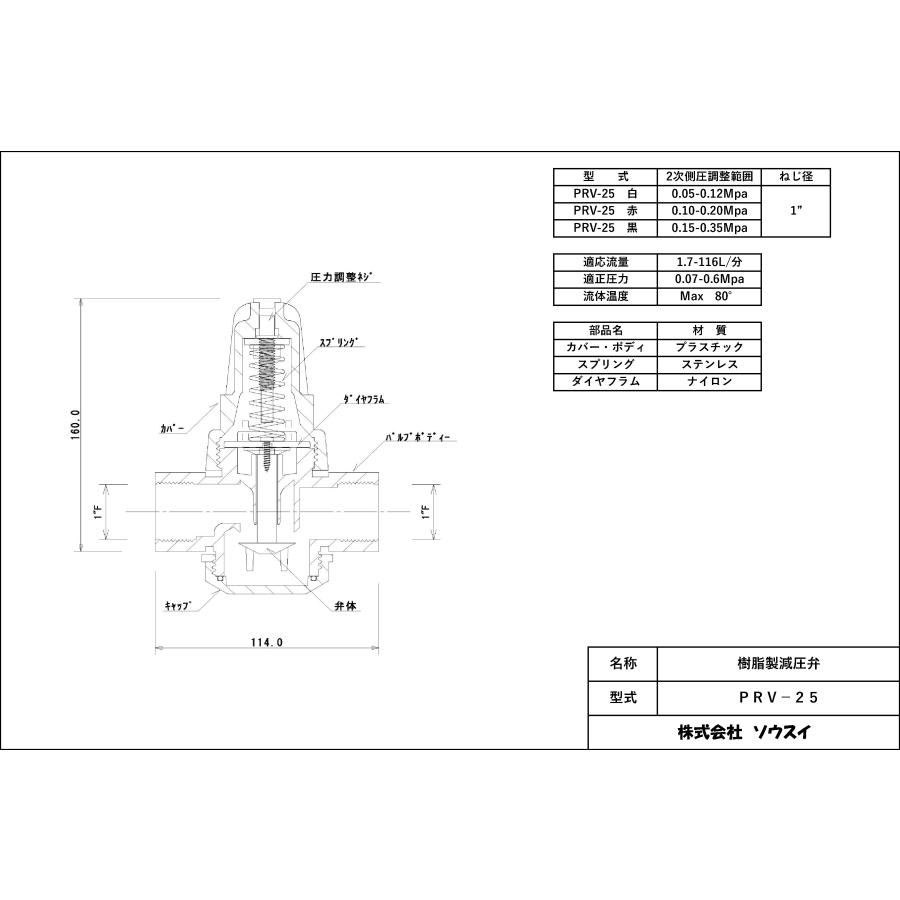 樹脂製 減圧弁 PRV-25 25mmメスネジ （1”）二次側圧力調整タイプ 二次側圧力を調整し、器具、点滴チューブ パイプを保護 ...