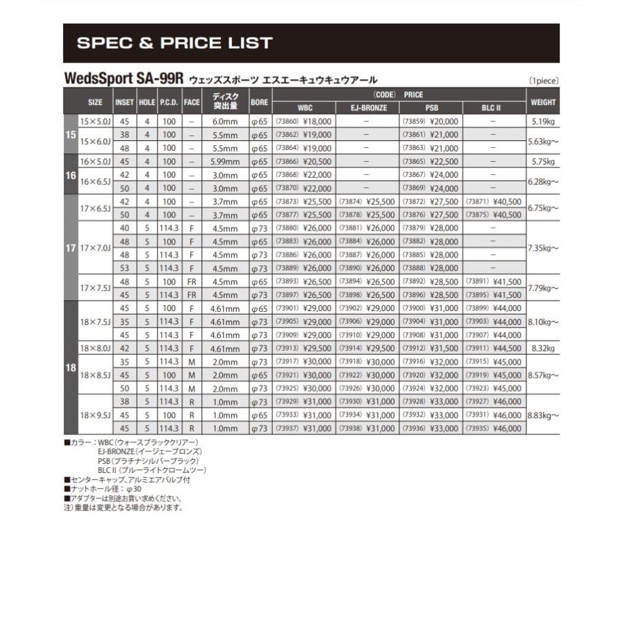 WEDS 4本購入で特典付 ウェッズ 0073926 アルミホイール1本 WEDSSPORT ウェッズスポーツ SA99R 18インチ 8.5 +50 5穴 114.3 EJ-BRONZE ...