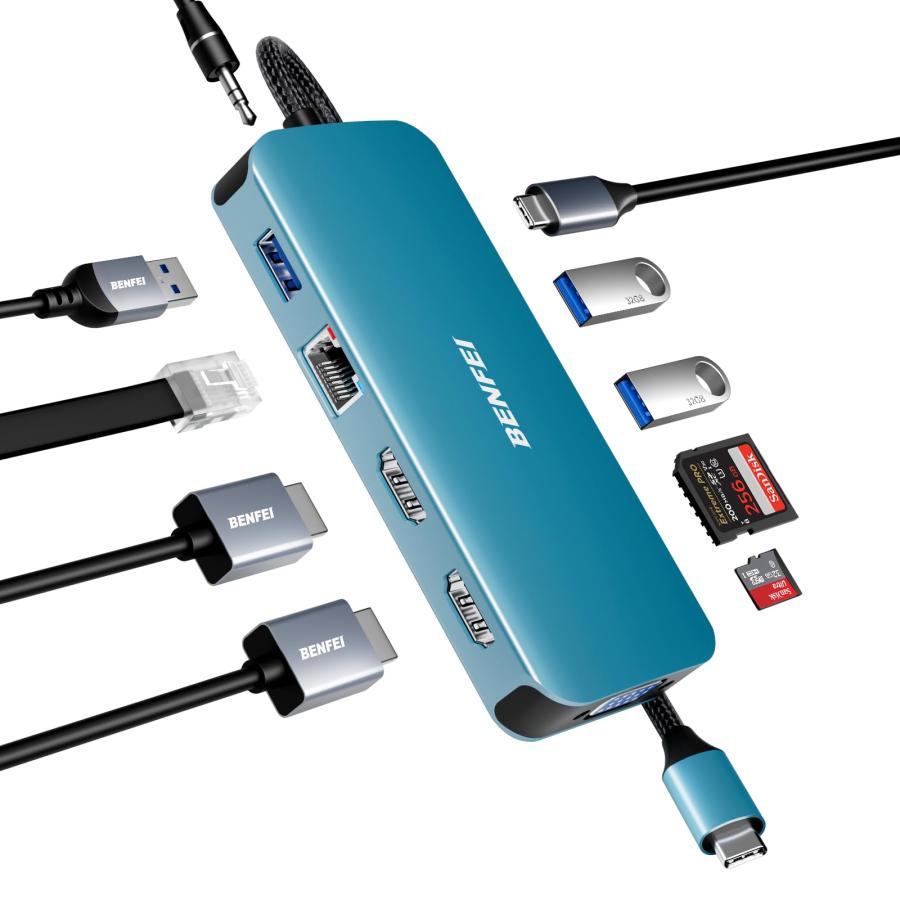 BENFEI 11-in-1 USB C MST ラップトップドッキングステーション、シリコン織デザインケーブル付き、USB-C ハブ、USB ...