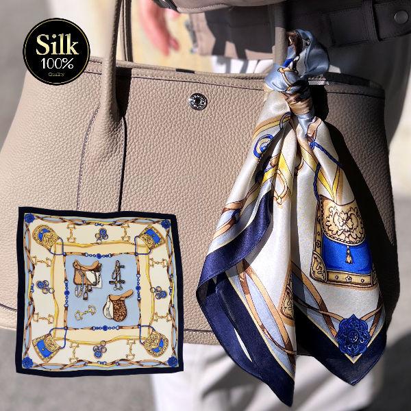 【営業日のみ出荷】ホースサドル柄 シルクスカーフ バッグ用スカーフ シルク100％ スカーフ バッグ シルク バッグ 正方形 スカーフ プリント : bag-sc18 ...