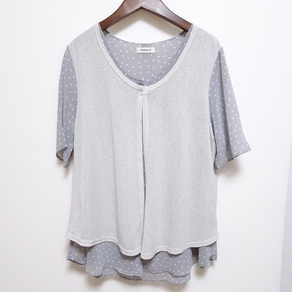 #spc サガンアッシュ SAGAN H アトリエサガン カットソー L グレー 白 半袖 ドット 重ね着風 シースルー レディース ...