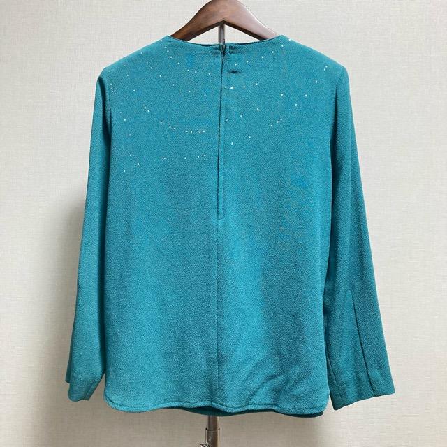 #anc SALE 三年坂 シャツ ブラウス カットソー M 緑 ちりめん ラインストーン バックボタン レディース [770429 ...