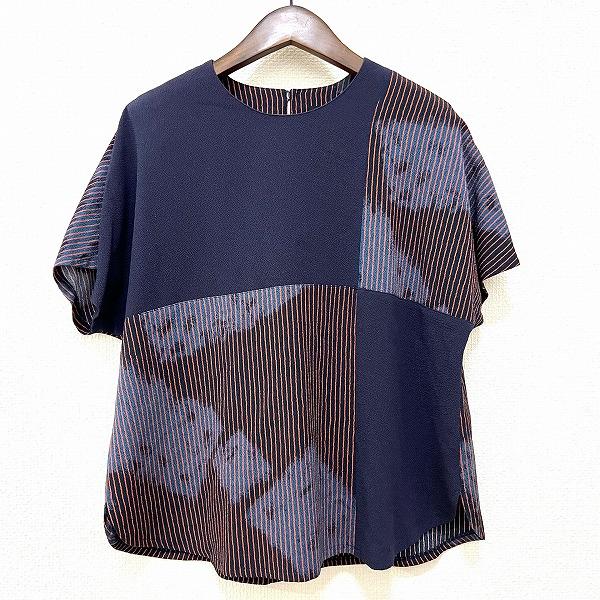 #snc 詩仙堂 ヒトシタムラ BY HITOSHI チュニック 紺系 オレンジ ちりめん ストライプ ドルマン 半袖 カットソー レディース ...