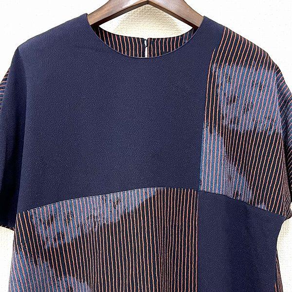 #snc 詩仙堂 ヒトシタムラ BY HITOSHI チュニック 紺系 オレンジ ちりめん ストライプ ドルマン 半袖 カットソー レディース ...