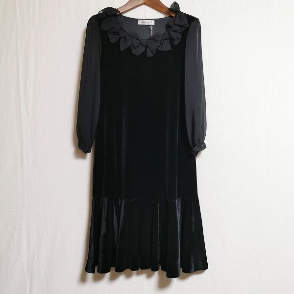 ギャラリービスコンティ #wnc GALLERYVISCONTI ワンピース 七分袖 リボン フレア ベロア調 2 黒 タグ付き 美品 ...