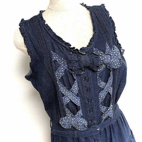 #snc カネコイサオ KANEKO ISAO ワンピース 青系 デニム リボン ピコフリル ノースリーブ ベルト付き ロング レディース ...