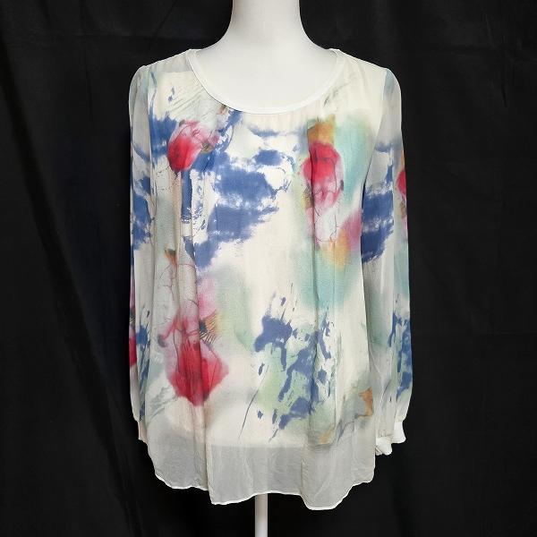 #anc インポートロッサ import Rossa チュニック 46 白 赤 青 異素材 シルク ニット 花柄 重ね着風 大きいサイズ ...